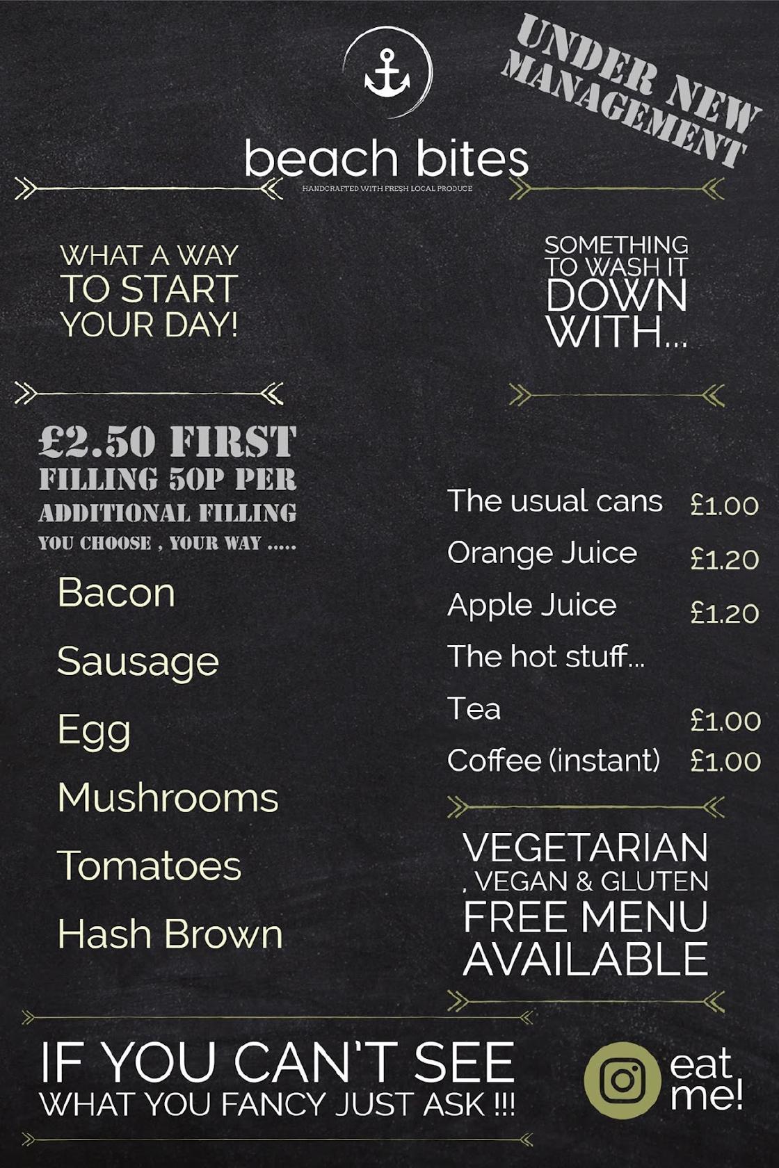Menu at Beach Bites cafe, Felixstowe