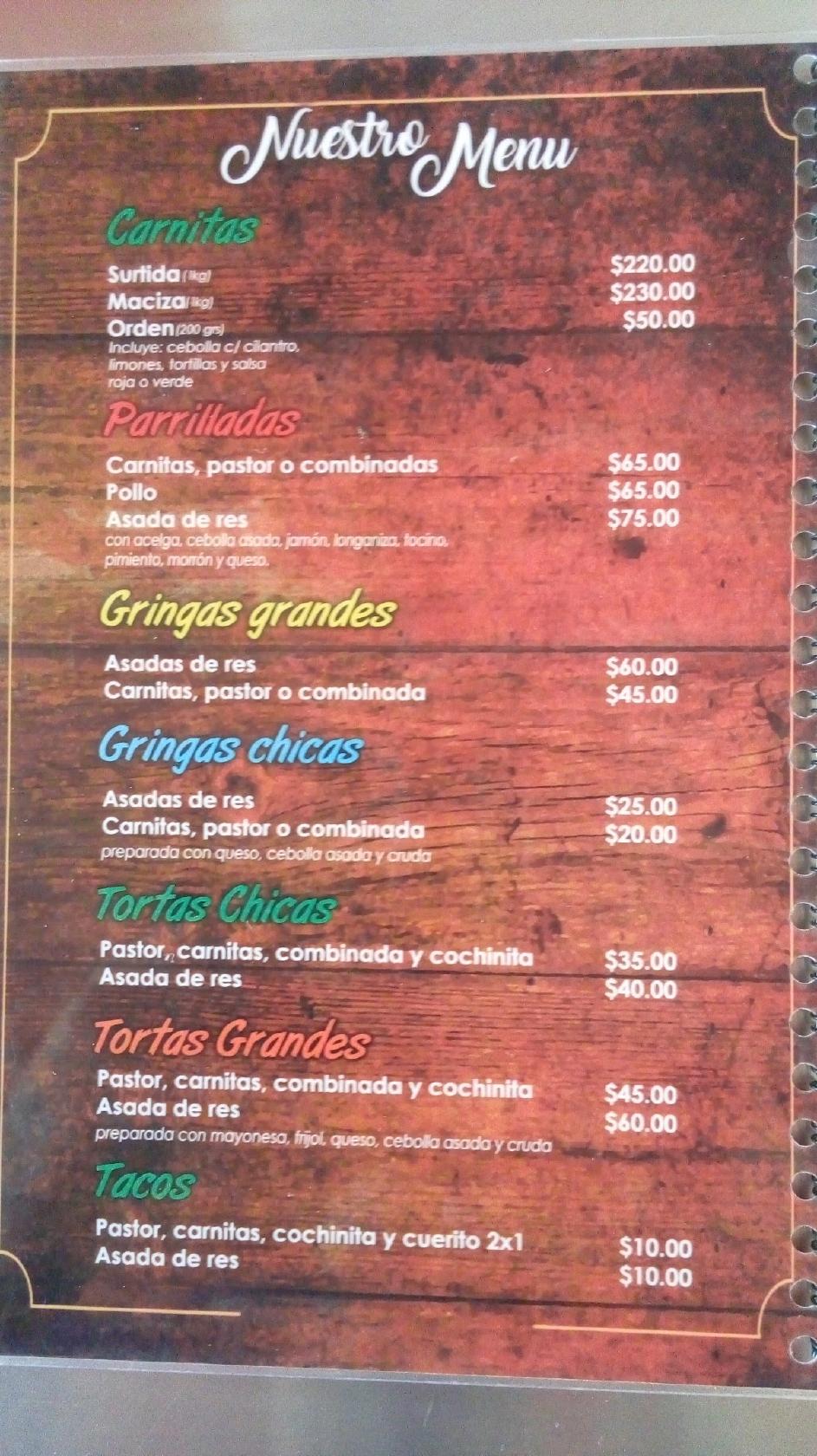 Carta del restaurante La Faena, Ciudad Pemex