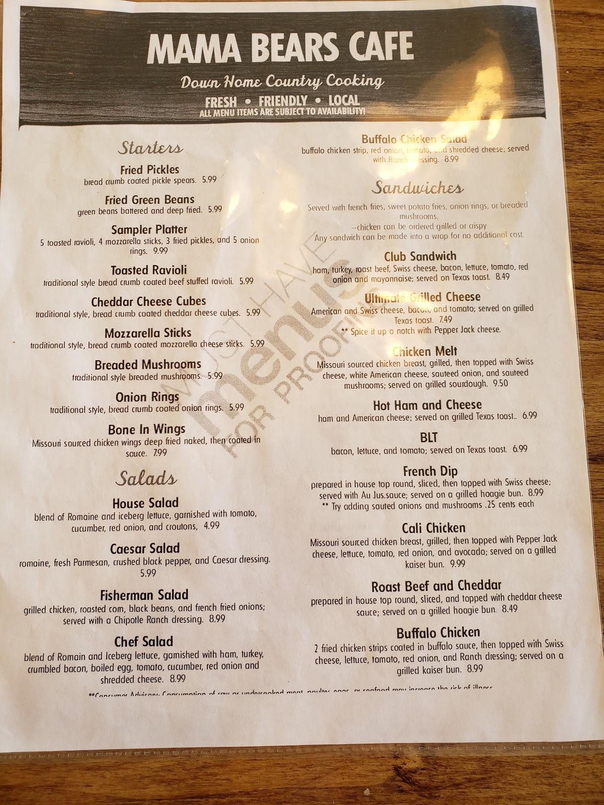 Menu at Mama Bear's Cafe, Bland