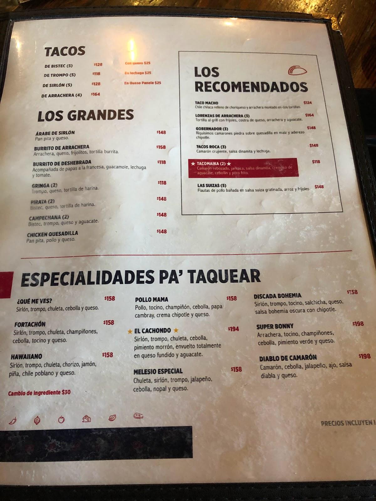 Carta del restaurante Puro Taco, Monclova