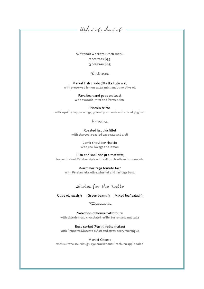 Menu at Whitebait restaurant, Wellington, G04/1 Clyde Quay Wharf