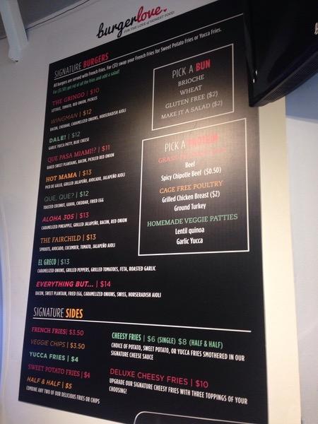Menu at Burger Love fast food, Miami