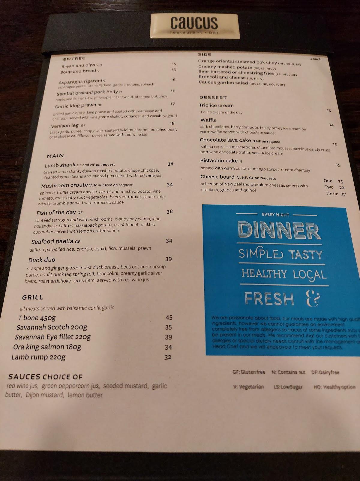 Menu at Caucus Restaurant, Wellington