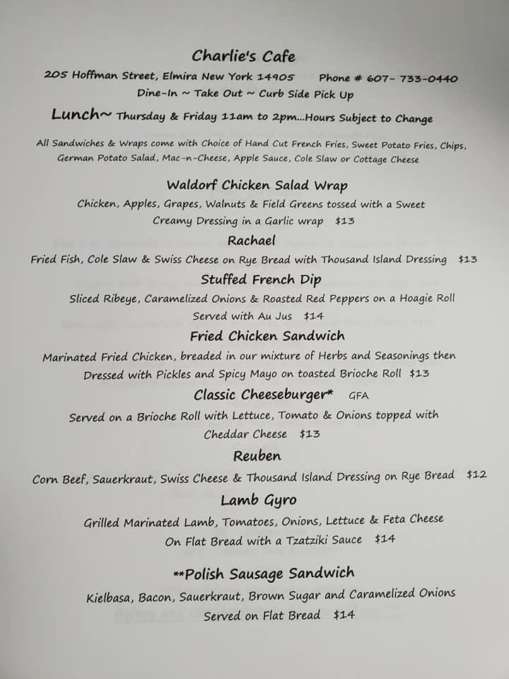 Menu at Charlie's Cafe, Elmira