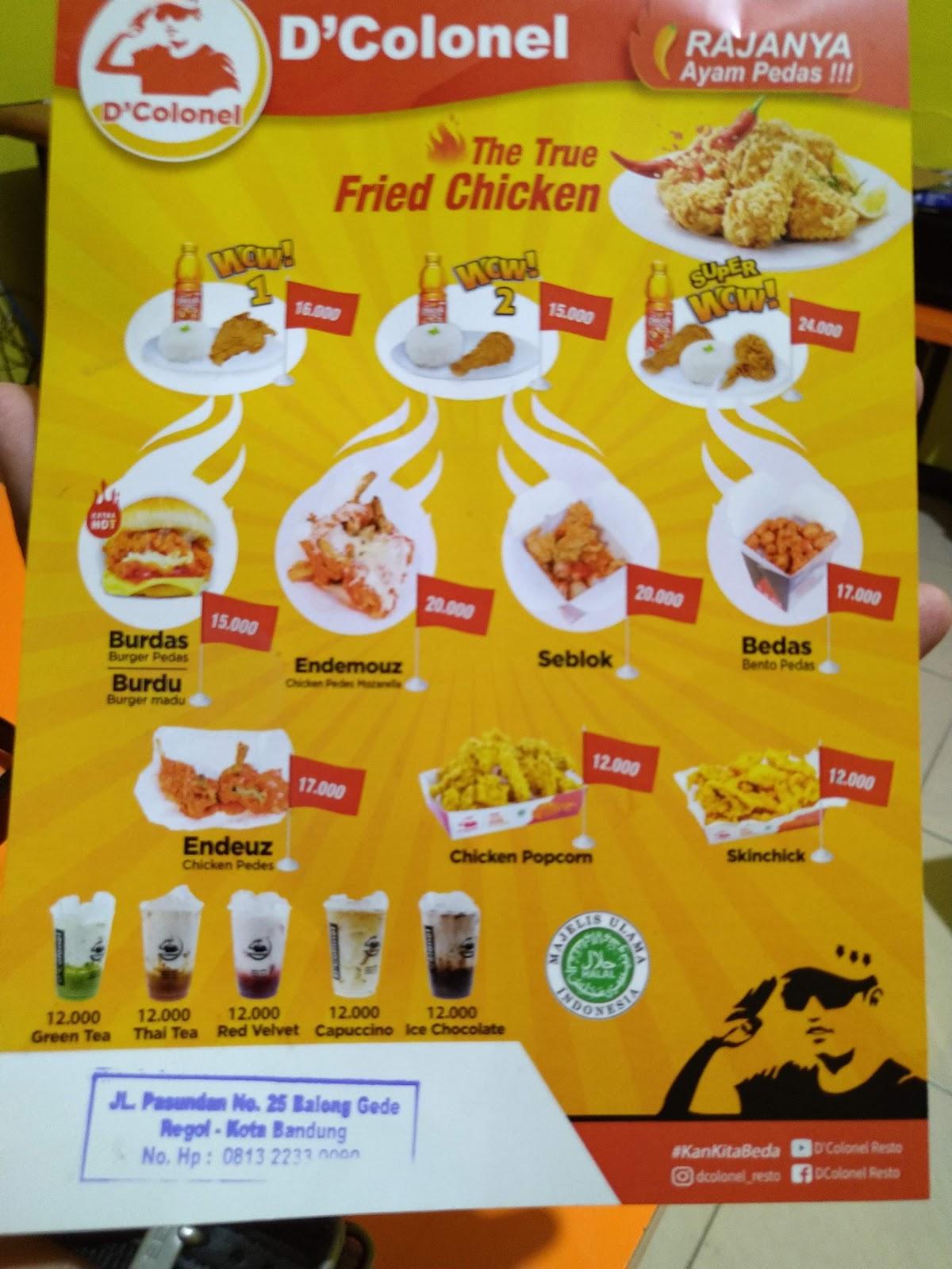 Menu at D'Colonel Pasundan restaurant, Bandung