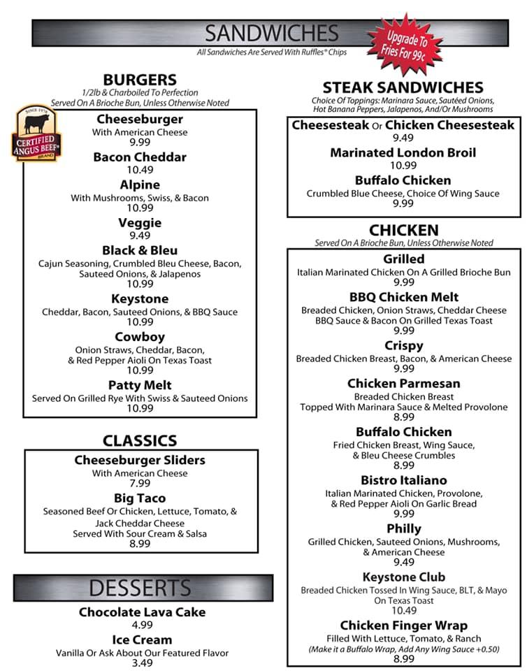 Menu at Keystone Pub, Bethlehem