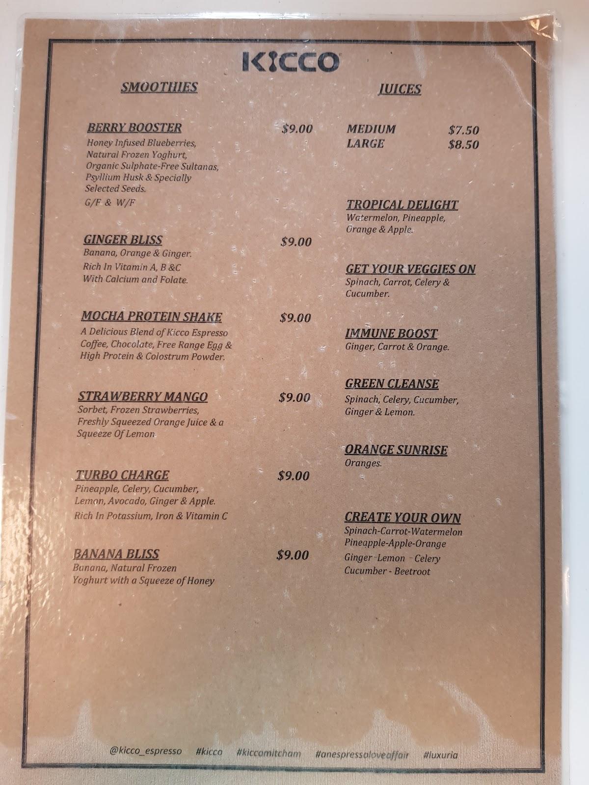 Menu at Kicco Espresso cafe, Torrens Park, 119 Belair Rd