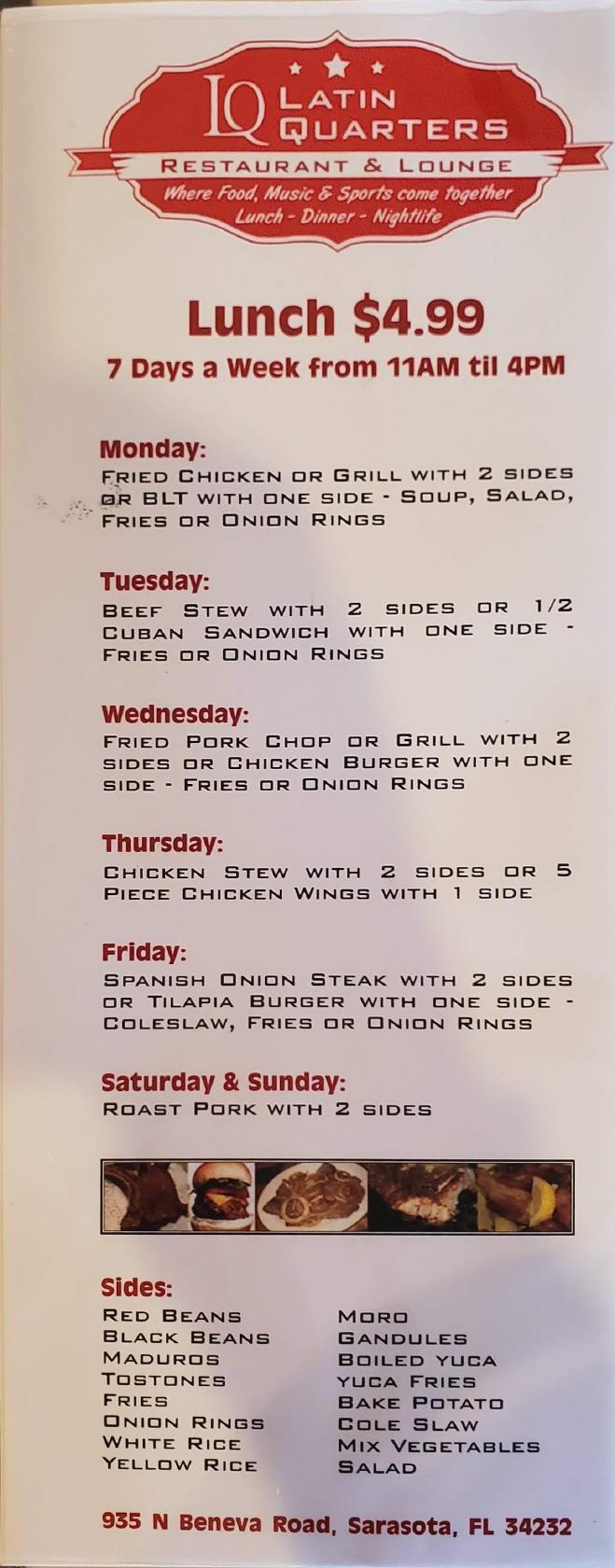 Menu at Latin Quarters restaurant, Sarasota