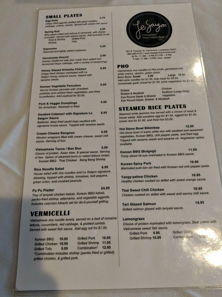 Menu at Le Saigon restaurant, Hammond