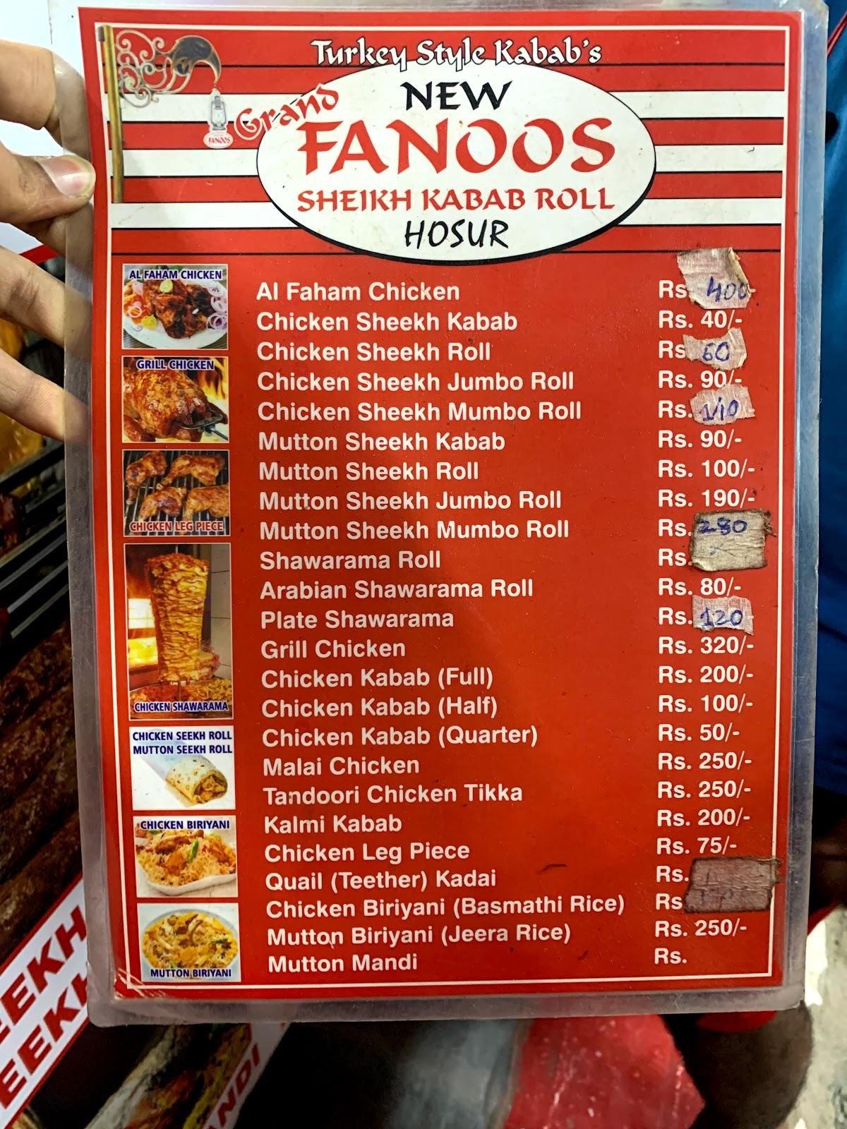 Menu at NEW FANOOS SHEIKH KABAB ROLL, Hosur