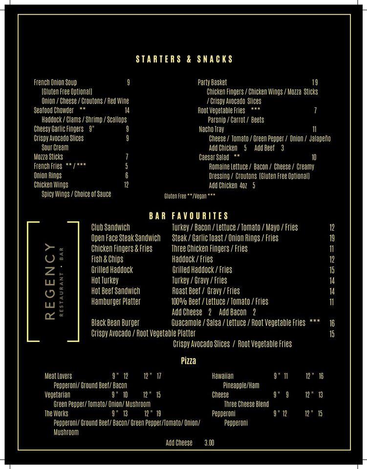 Menu at Regency Dining Room restaurant, Fredericton