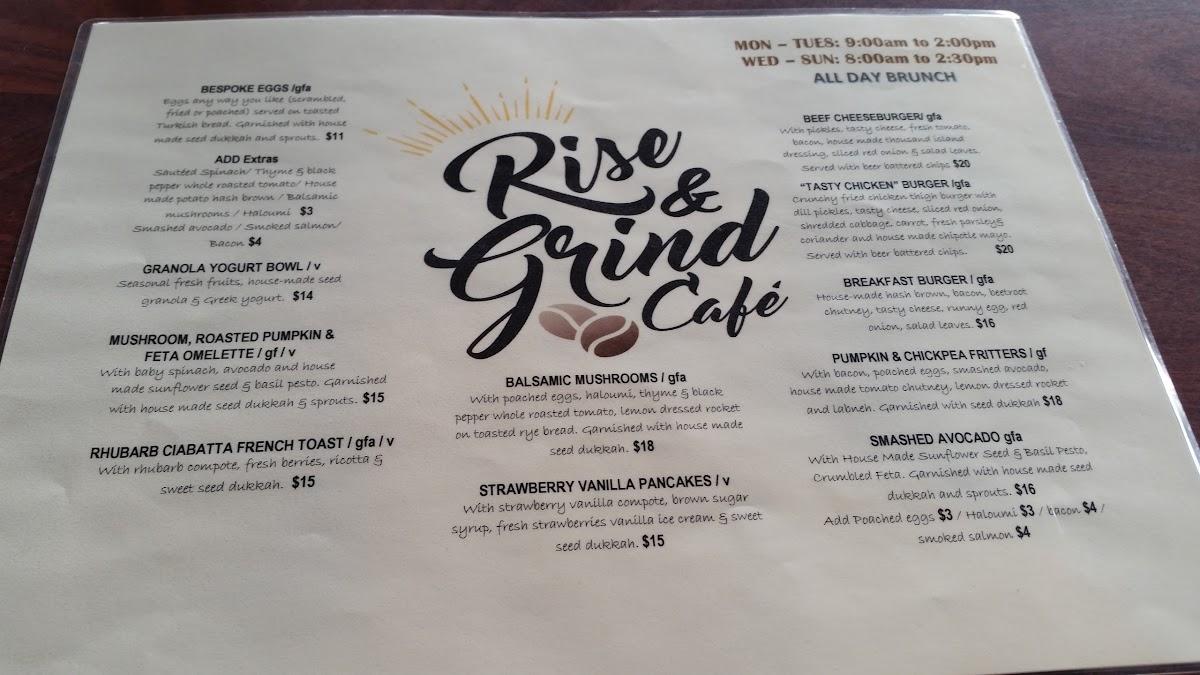 Carta de Rise & Grind Cafe, Clarence Park