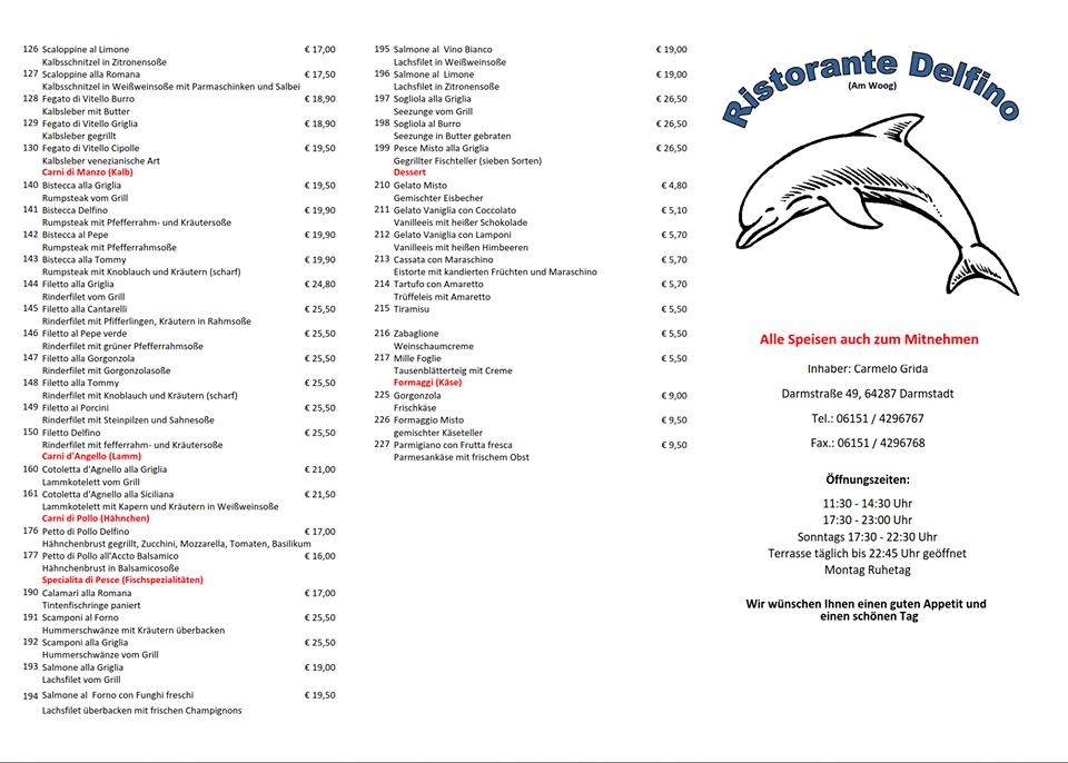Speisekarte von Ristorante Delfino restaurant, Darmstadt