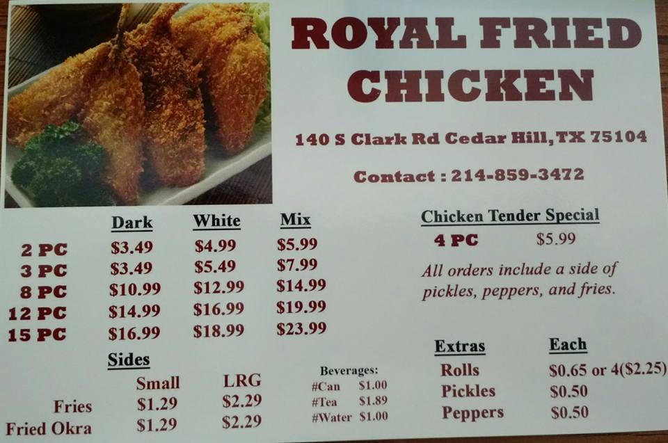 Menu at Royals Fried Chicken restaurant, Cedar Hill