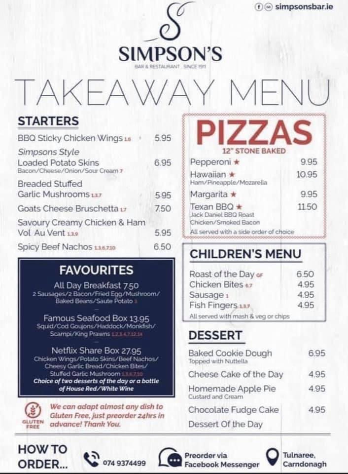 Menu at Simpsons Bar & Restaurant / Oliver’s restaurant, Carndonagh