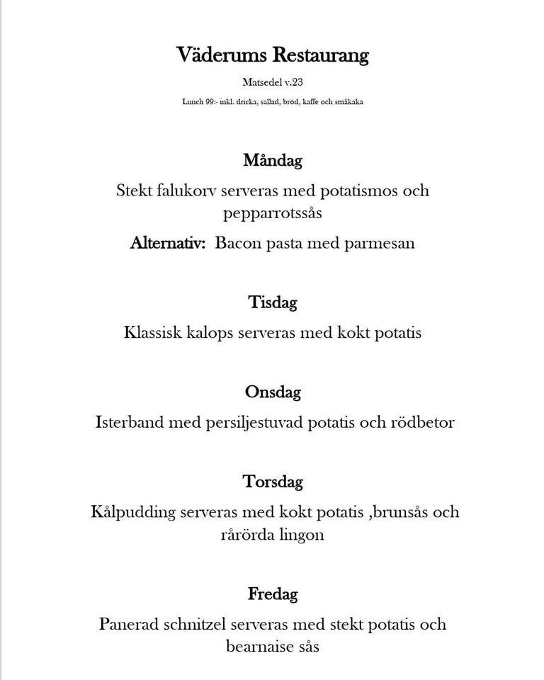 Menu at Väderums Restaurang Pizzeria, Oskarshamn
