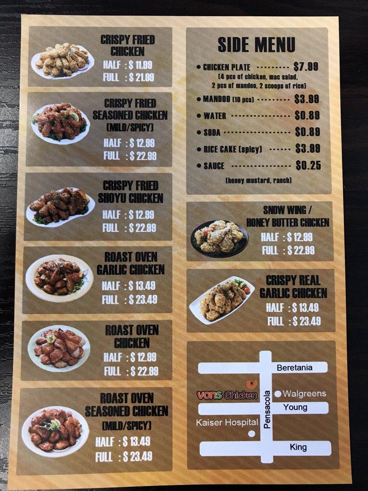 Menu at Vons Chicken restaurant, Honolulu, Pensacola St