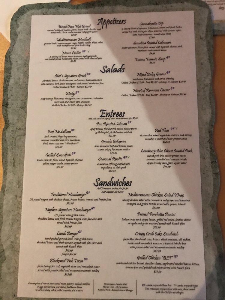 Menu at Mythos Restaurant, Orlando