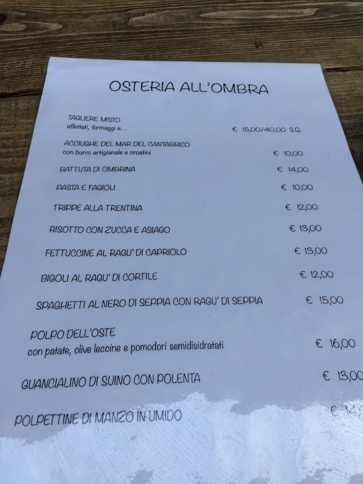 Menu at Osteria all'Ombra restaurant, Riva del Garda