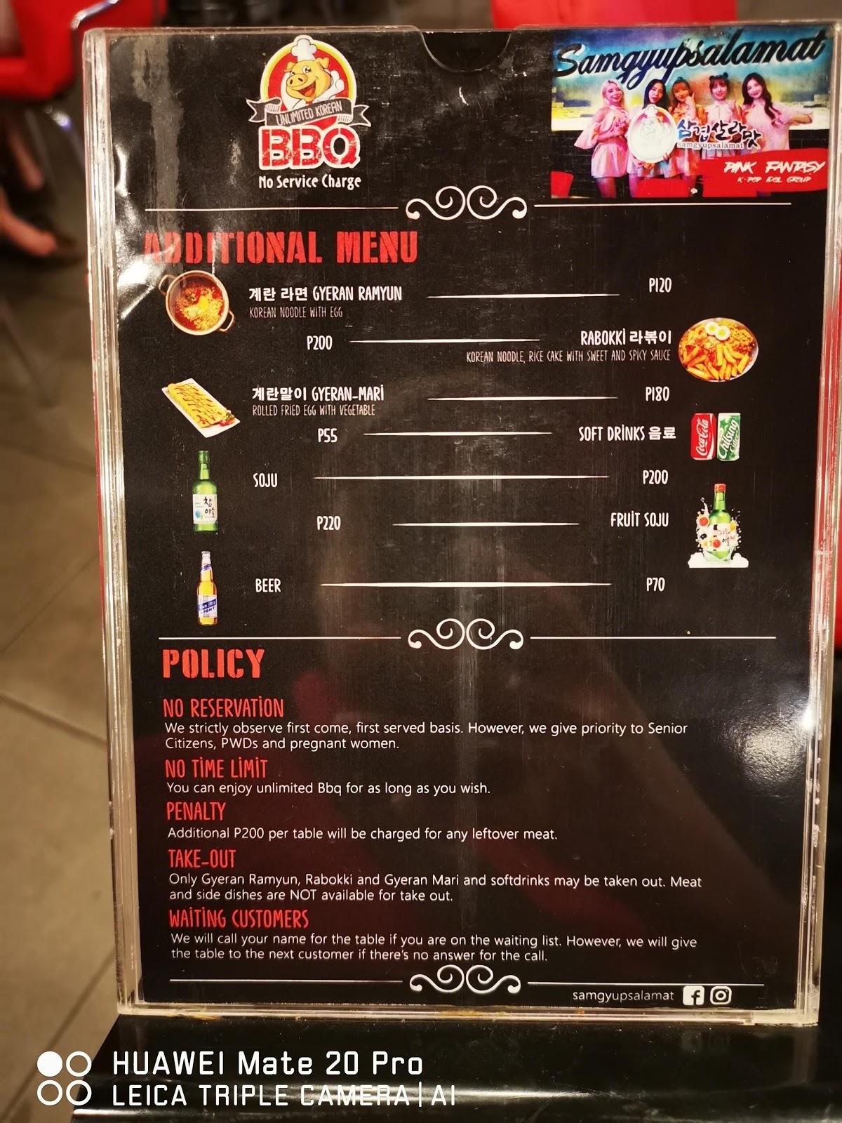 Menu at Samgyupsalamat Taytay restaurant, Taytay, H45P+VM2