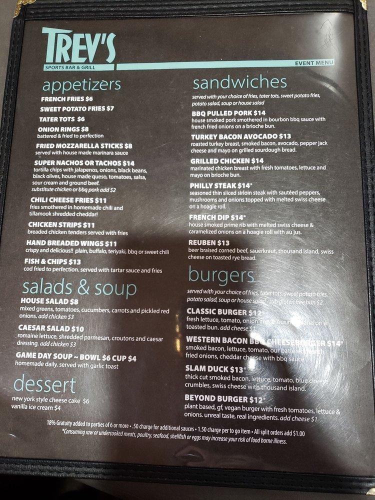 Menu at Trev's Sports Bar & Grill, Eugene