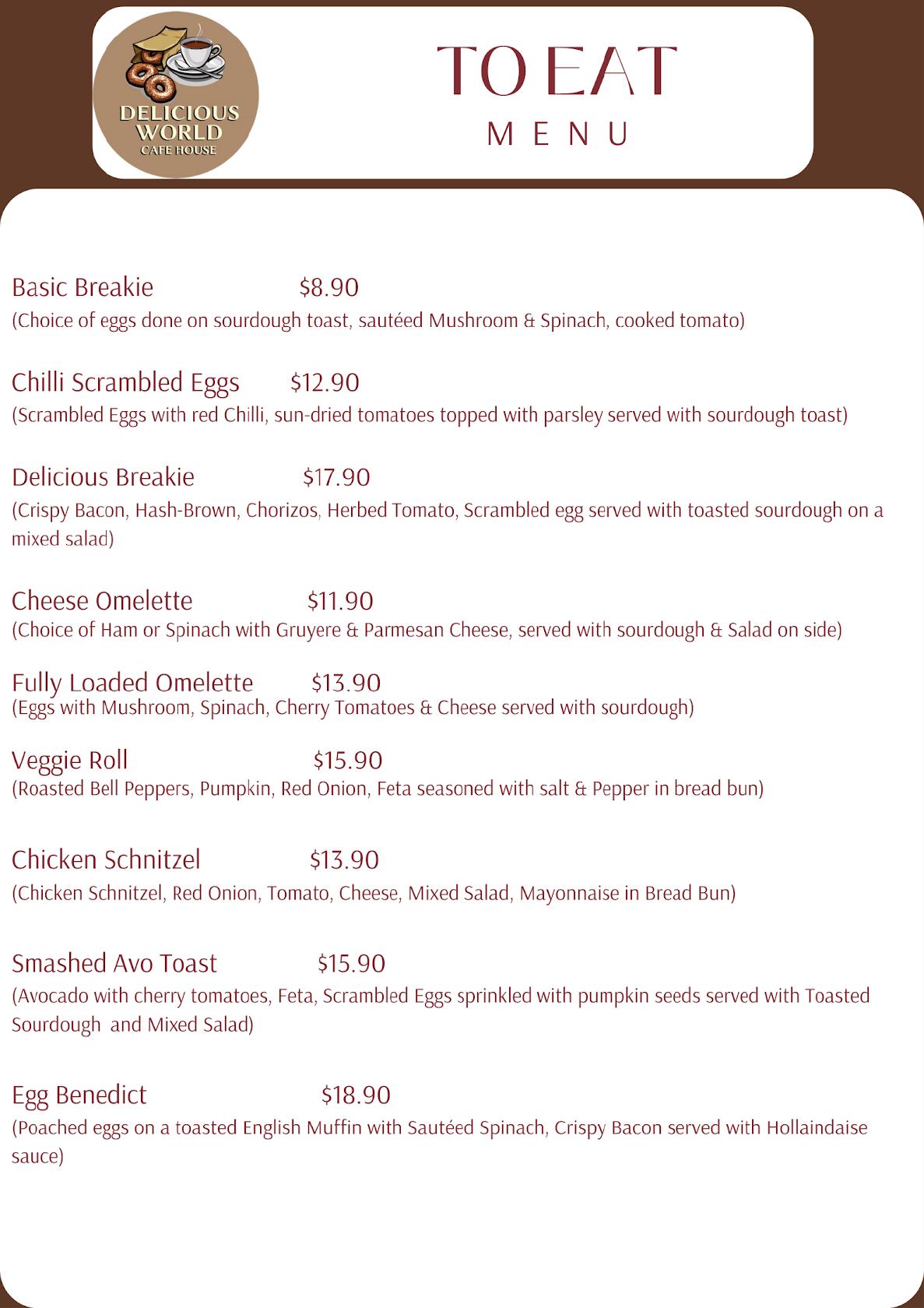 Menu at Delicious World cafe, Melbourne