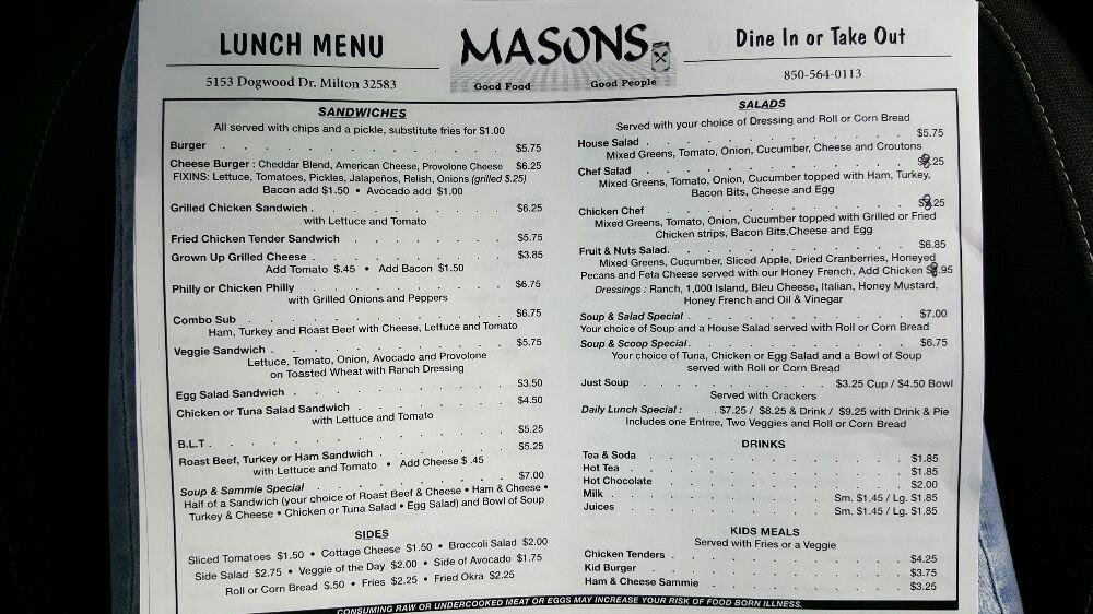 Menu at Masons restaurant, Milton
