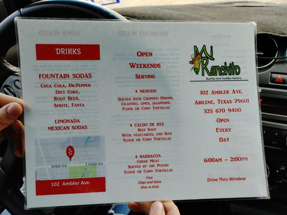 Menu at Mi Ranchito Burrito & Tortilla Factory fast food, Abilene