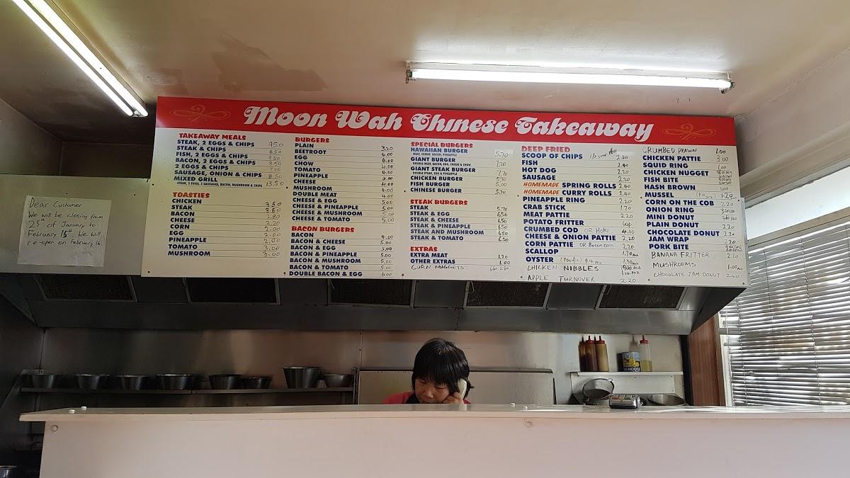 Menu at Moon Wah Takeaways restaurant, Christchurch