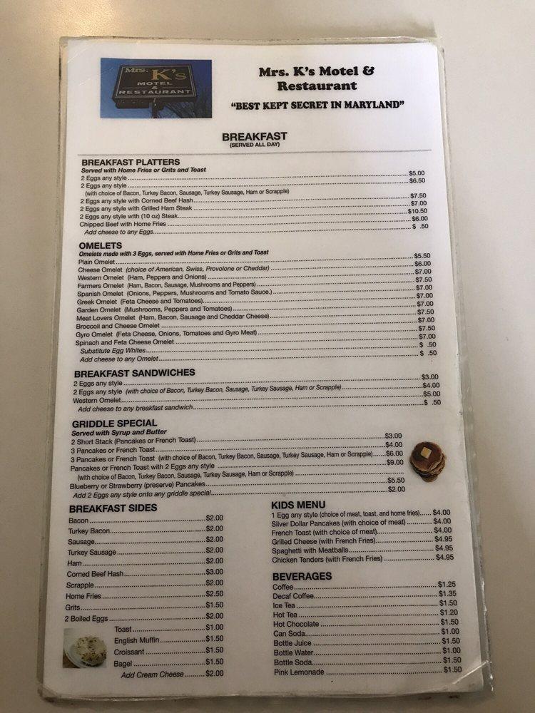 Menu at Mrs. K's Restaurant, Upper Marlboro