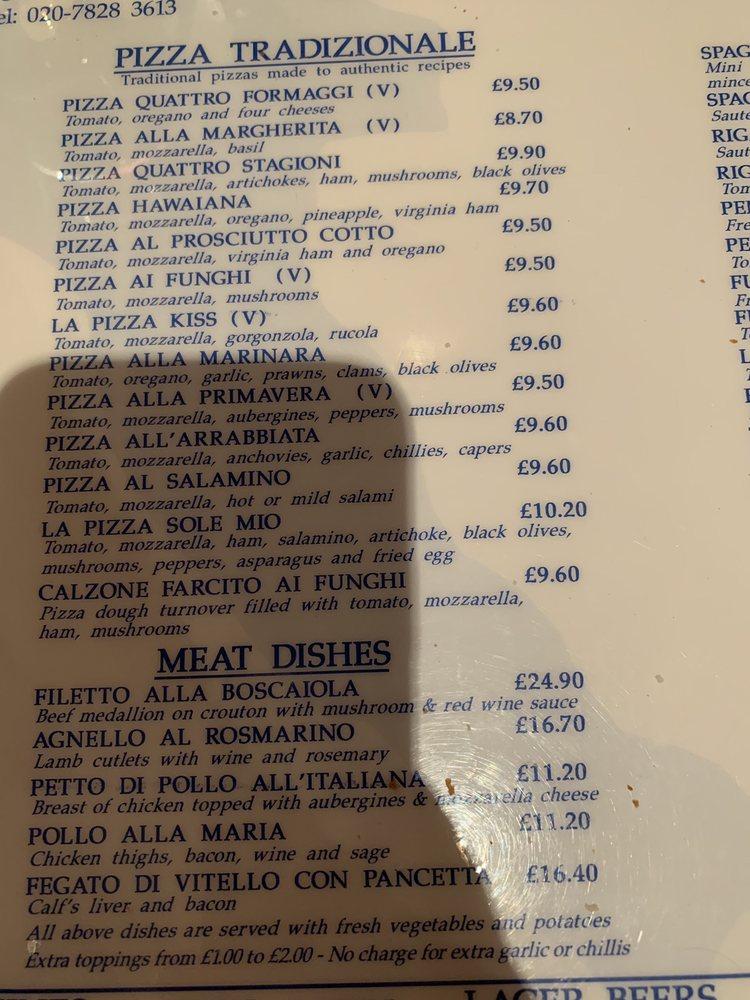 Menu at O'Sole Mio restaurant, London
