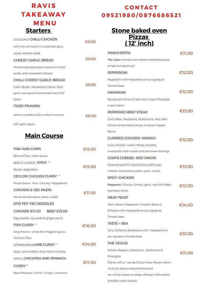 Menu at Ravi's Bar and Restaurant, Clifden