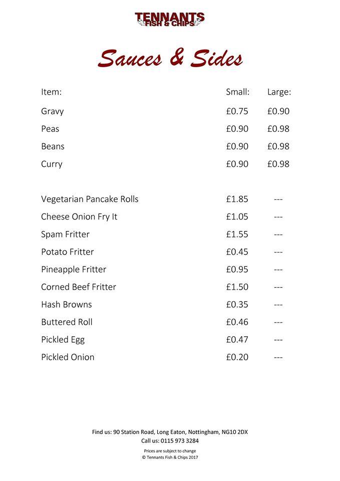 Menu at Tennants Fish & Chips restaurant, Nottingham