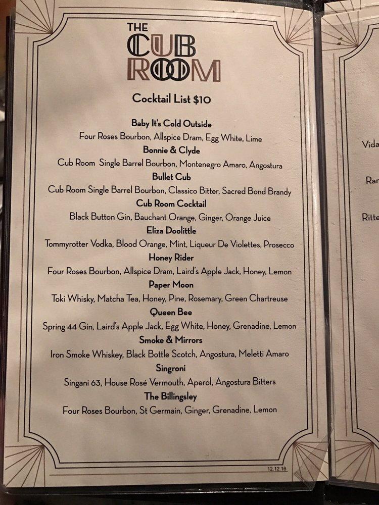 Menu at The Cub Room restaurant, Rochester