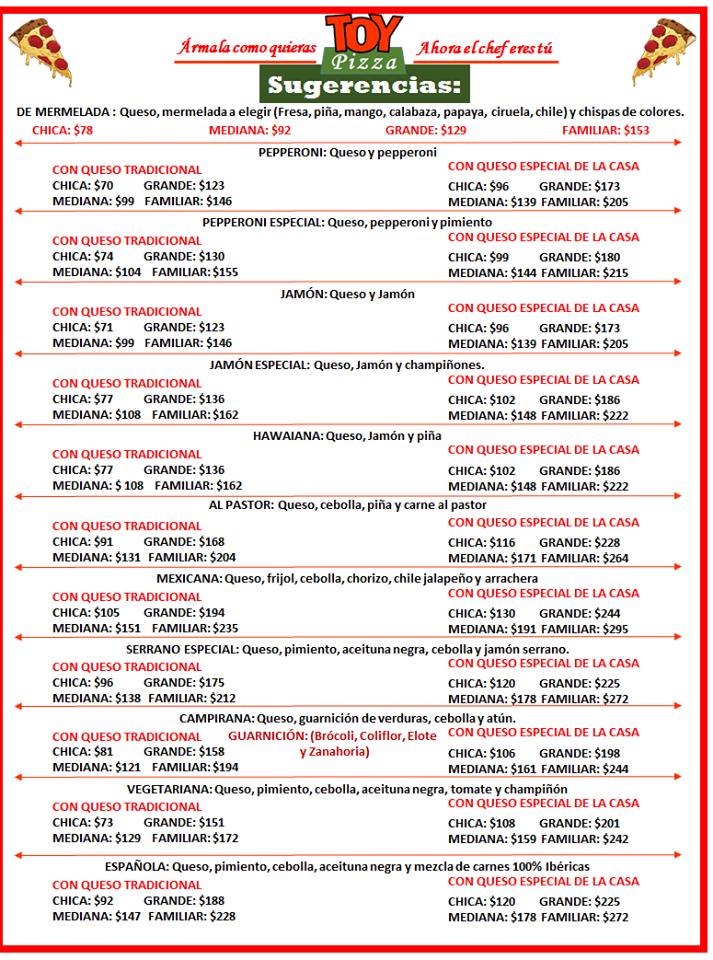 Menu at Toy Pizza pizzeria, Emiliano Zapata