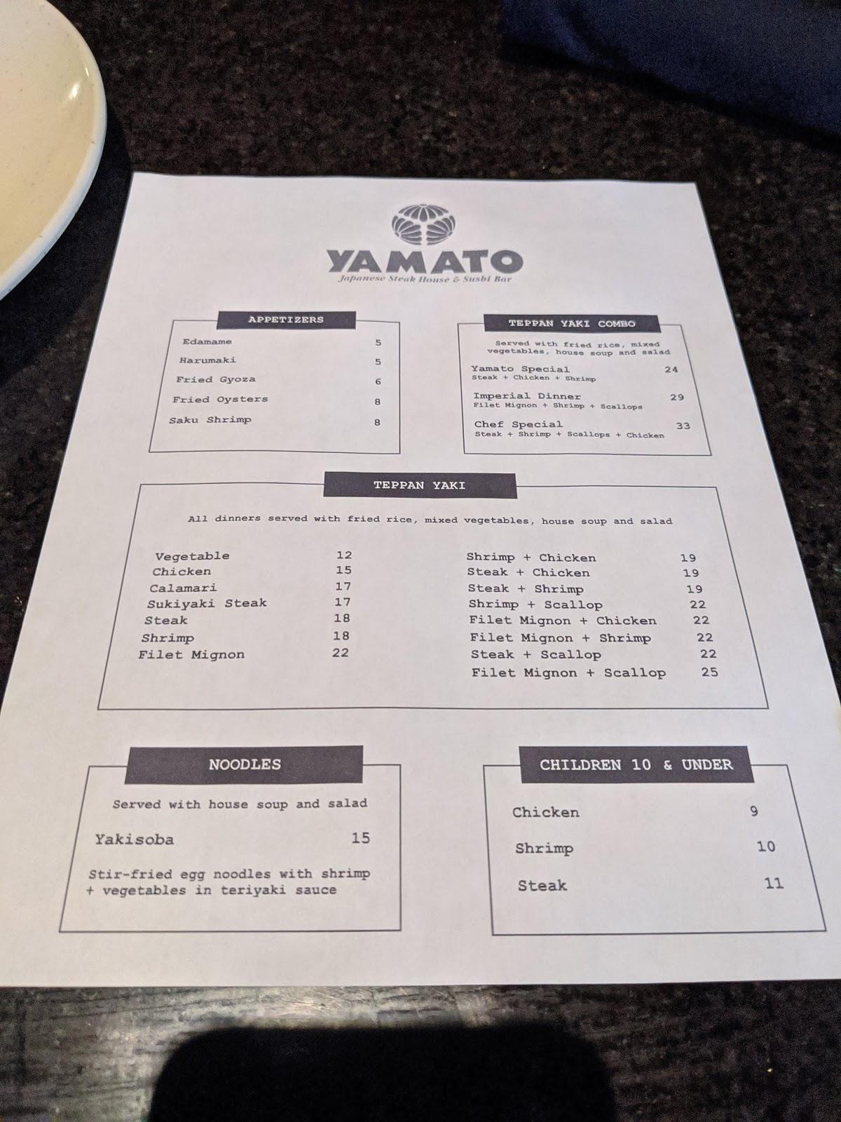 Menu at Yamato Japanese Restaurant, Gainesville