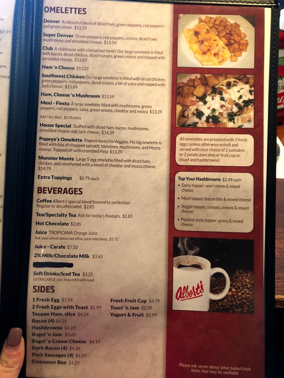 Menu at Albert's restaurant, Red Deer