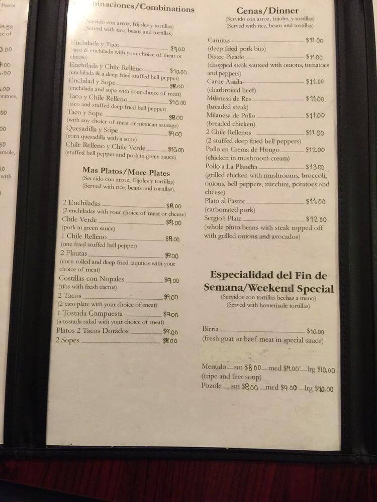 Menu at La Paloma restaurant, San Bruno