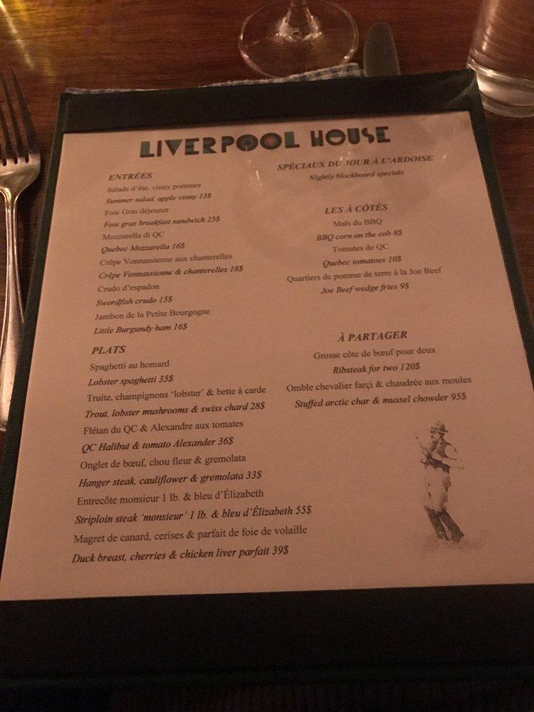 Menu au Liverpool House restaurant, Montréal