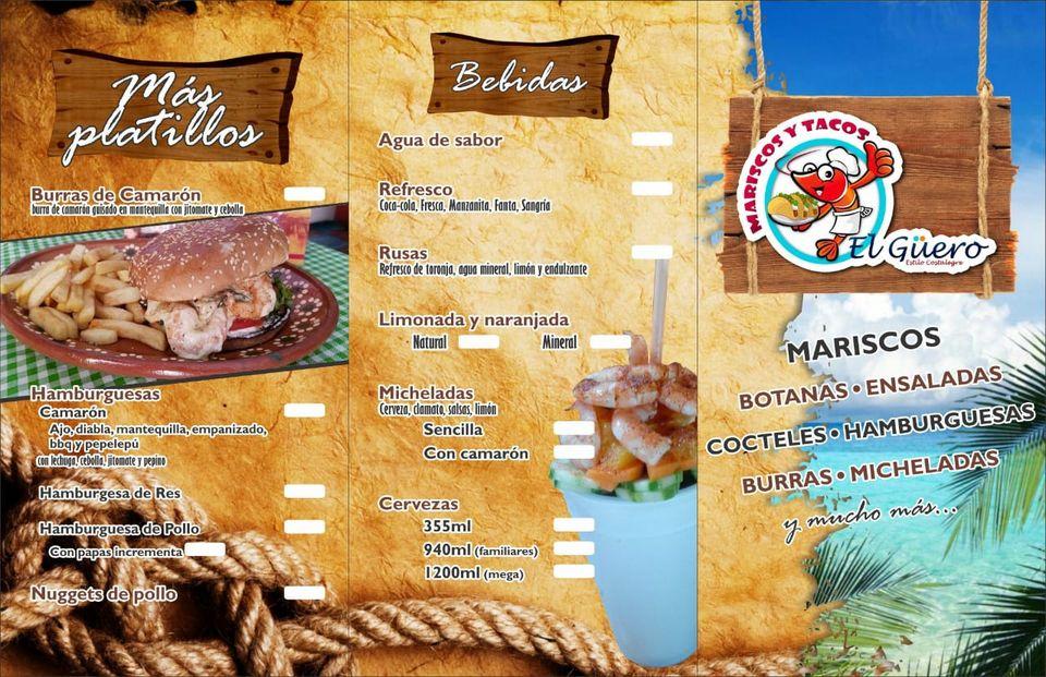 Menu at Mariscos El Güero restaurant, Etzatlán