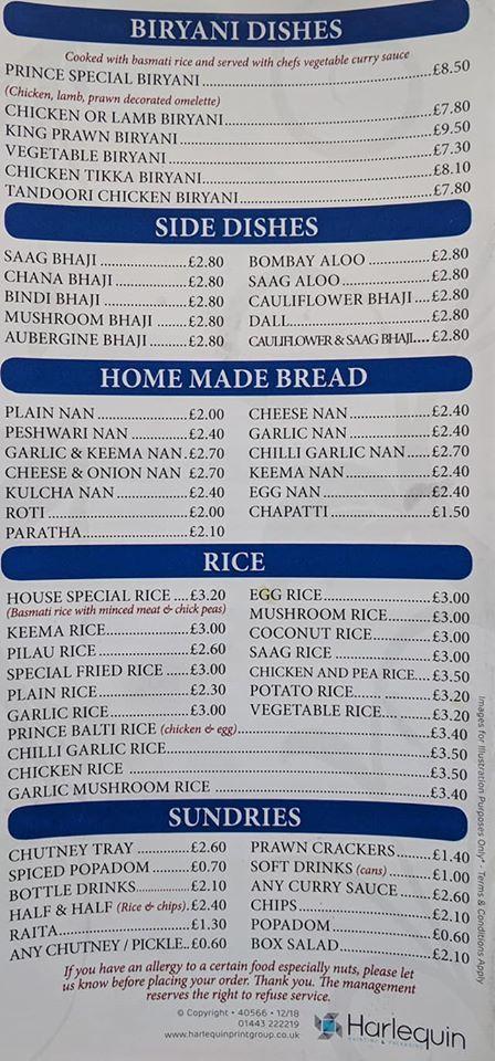 Menu at Prince Balti restaurant, Bridgend