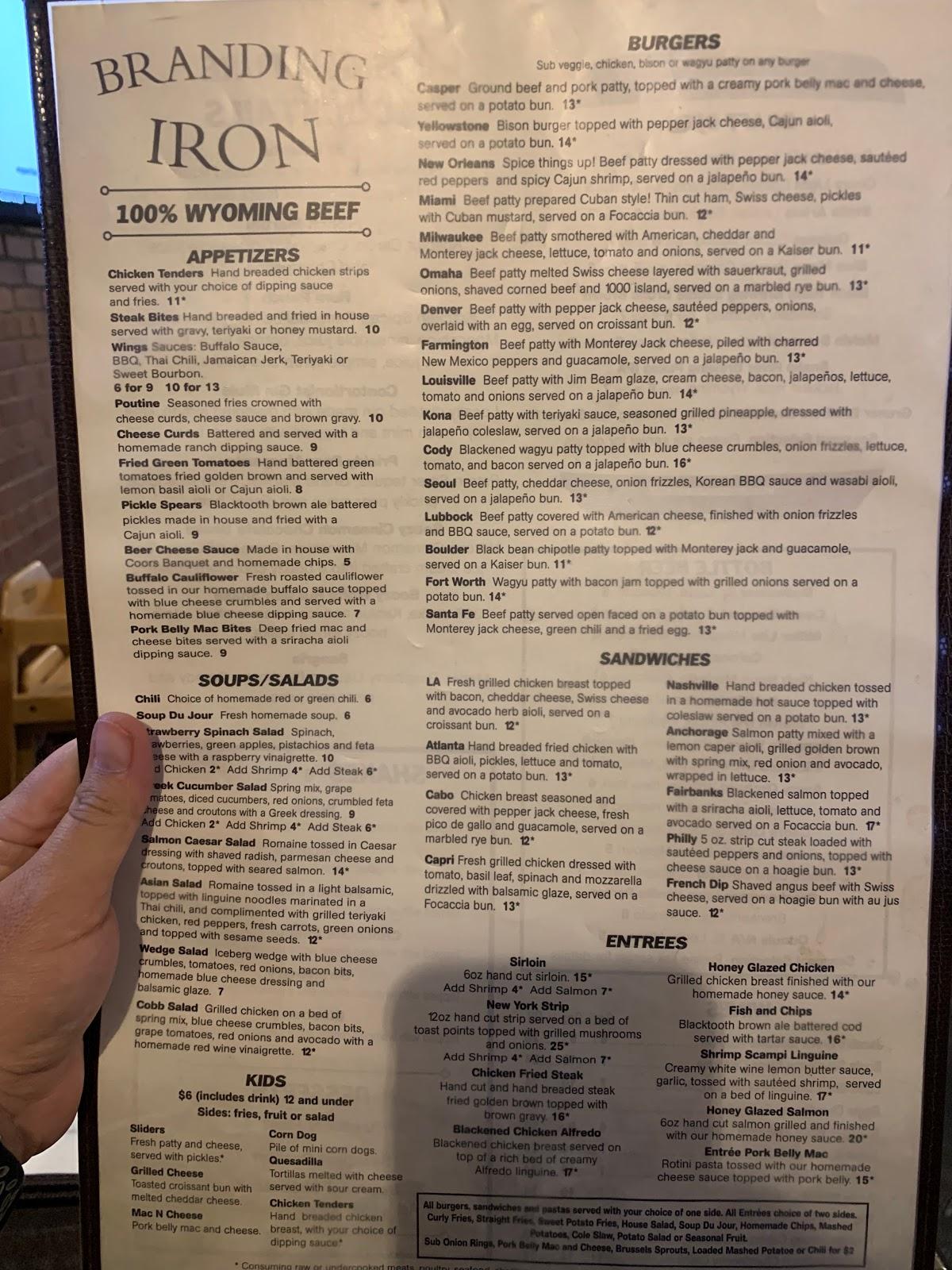Menu at Branding Iron restaurant, Casper