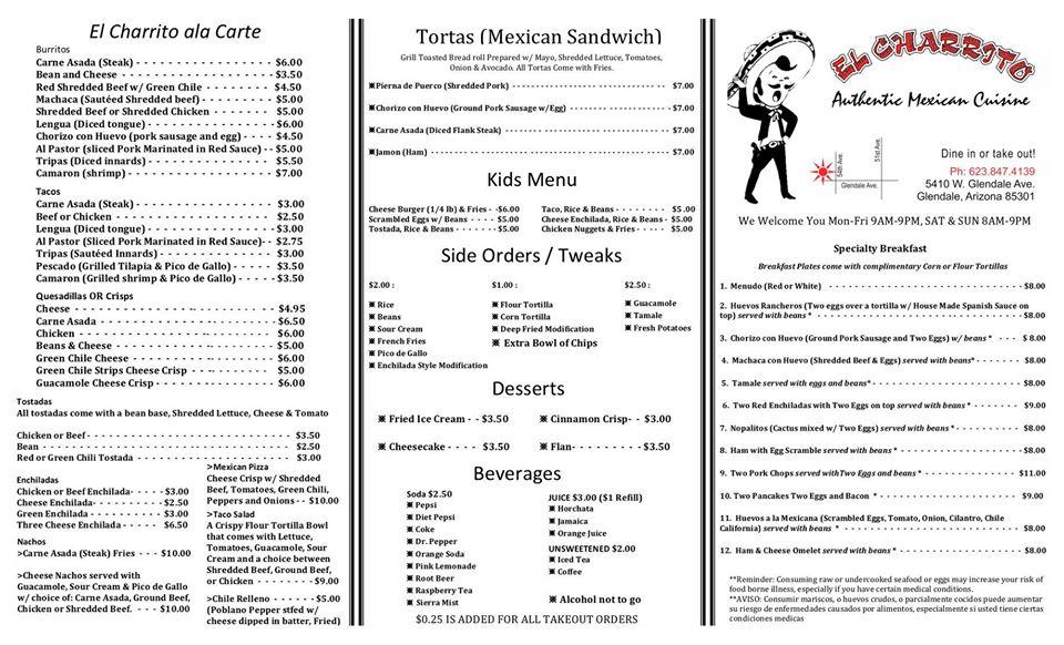 Menu at El Charrito Authentic Mexican Cuisine restaurant, Glendale