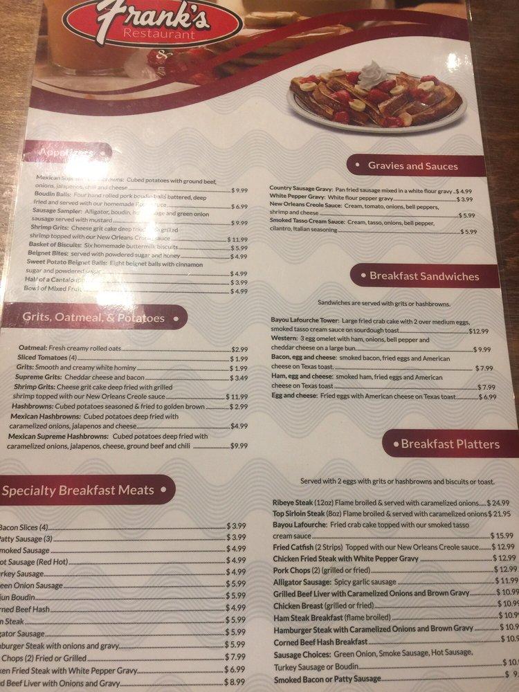 Menu at Frank’s Restaurant Grill & Bar-Prairieville, Prairieville ...