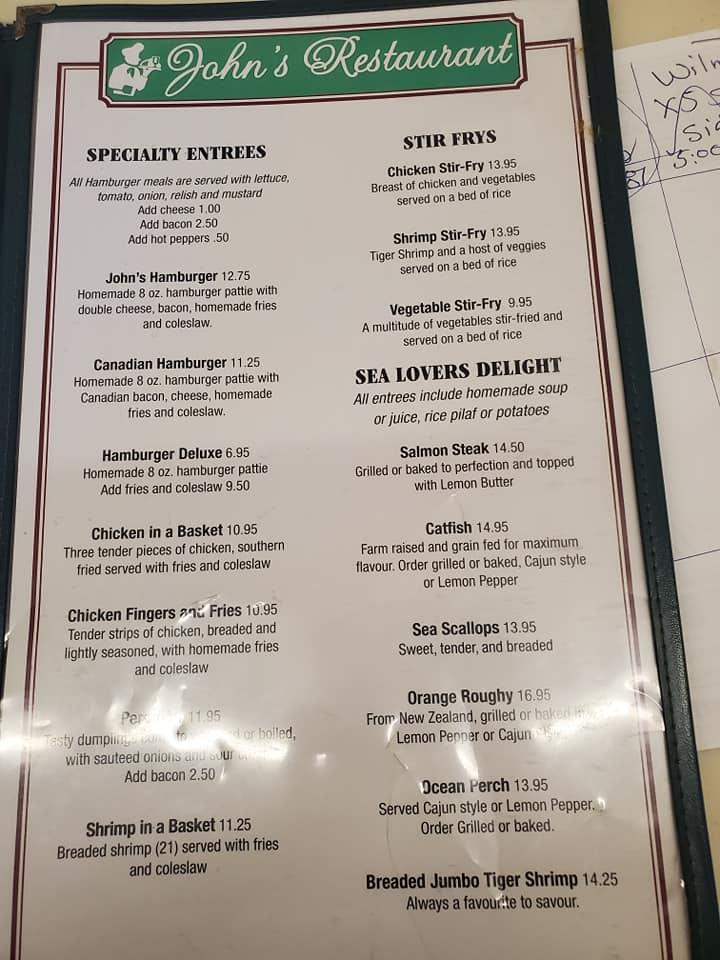 Menu at John's Restaurant, Niagara Falls