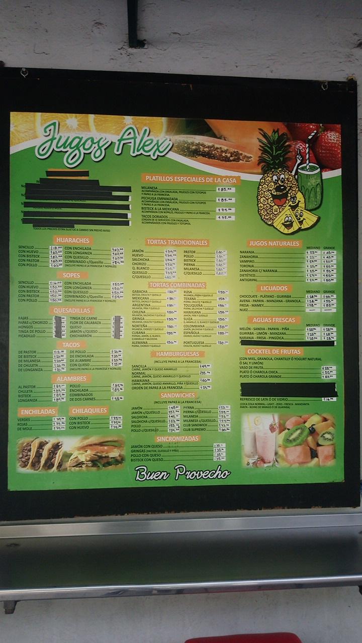 Menu at Jugos Alex pub & bar, Mexico City, Fernando Montes de Oca 123