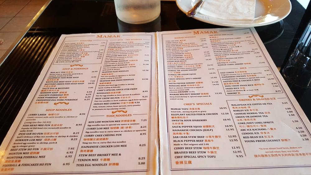 Menu at Mamak restaurant, Doraville