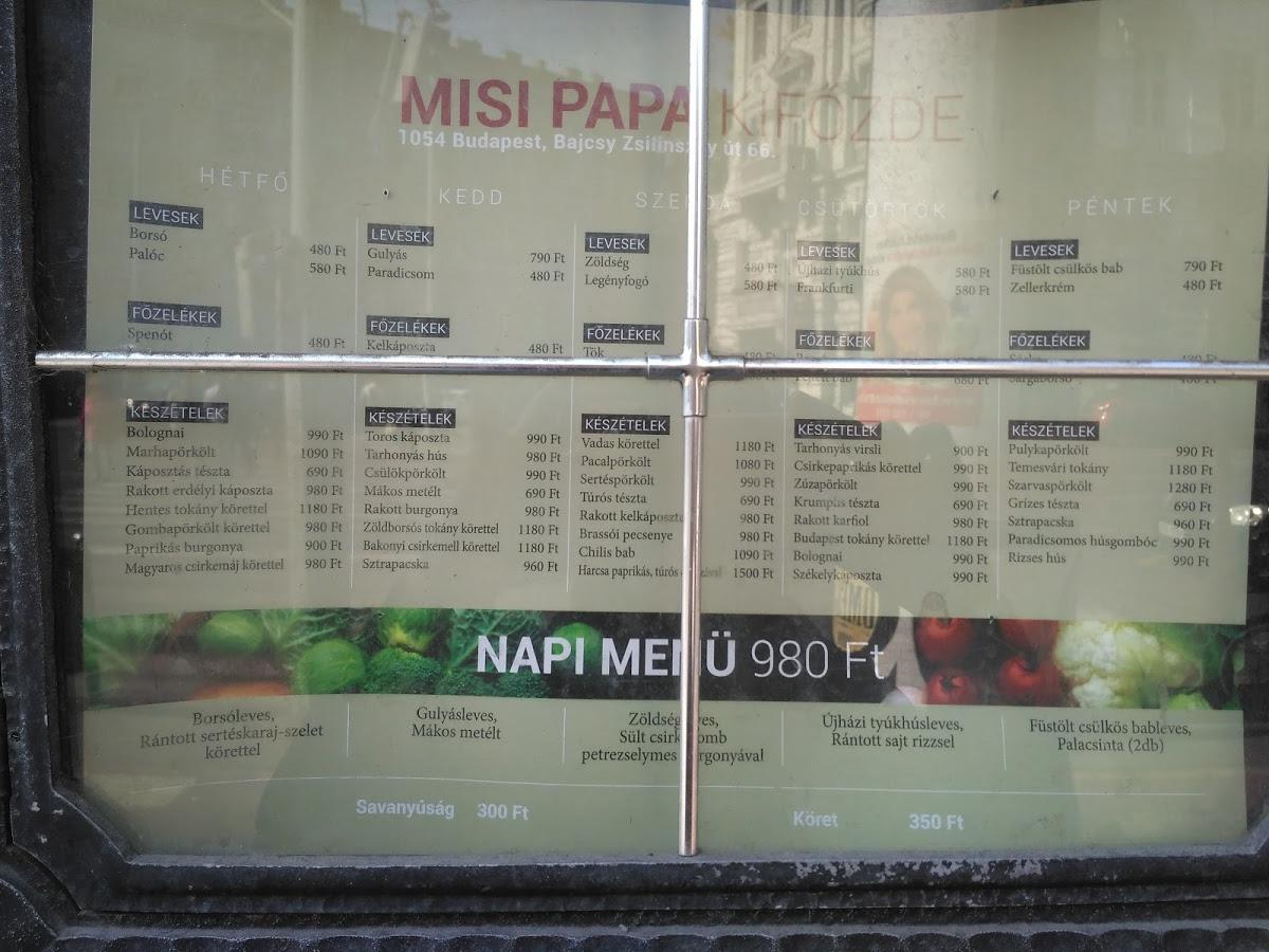 Menu at Misi papa konyhája restaurant, Budapest