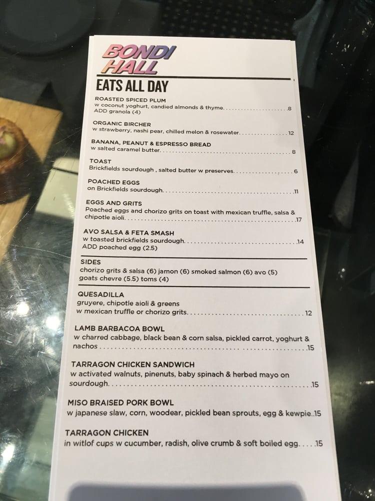 Menu at Ruben Hills, Bondi Beach
