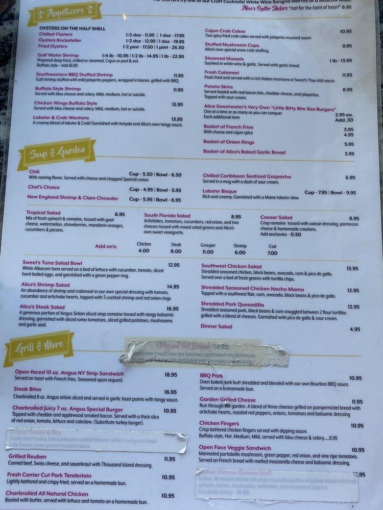 Menu at Alice Sweetwater's Bar & Grille, Naples